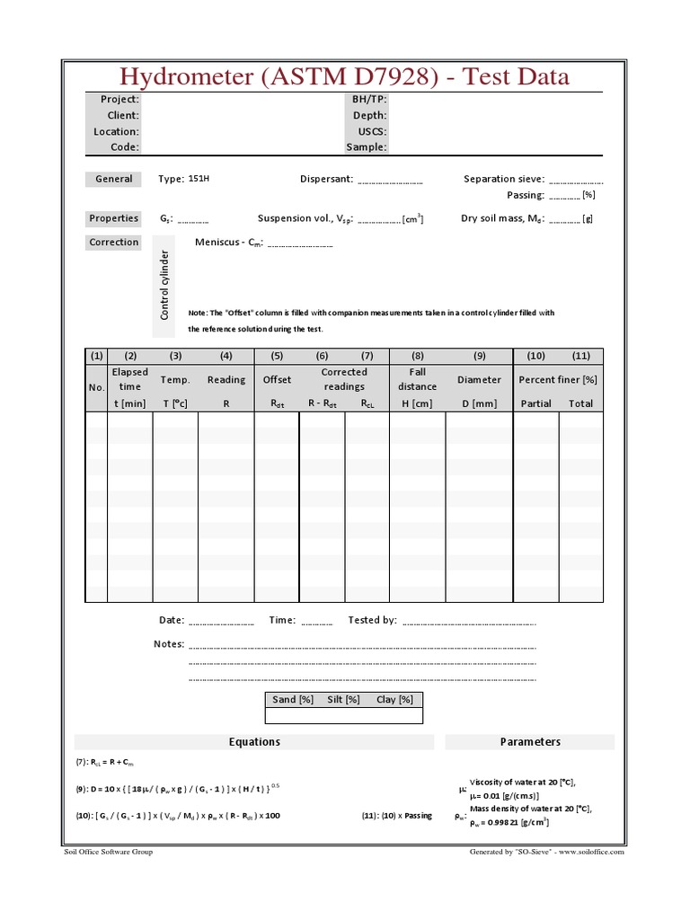 Hydrometer (ASTM D7928) - Test Data: Project: BH/TP: Client: Depth ...