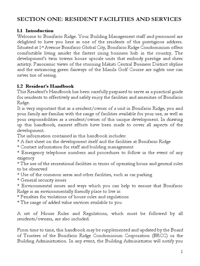 Bonifacio Ridge Resident Handbook | PDF | Condominium | Lease