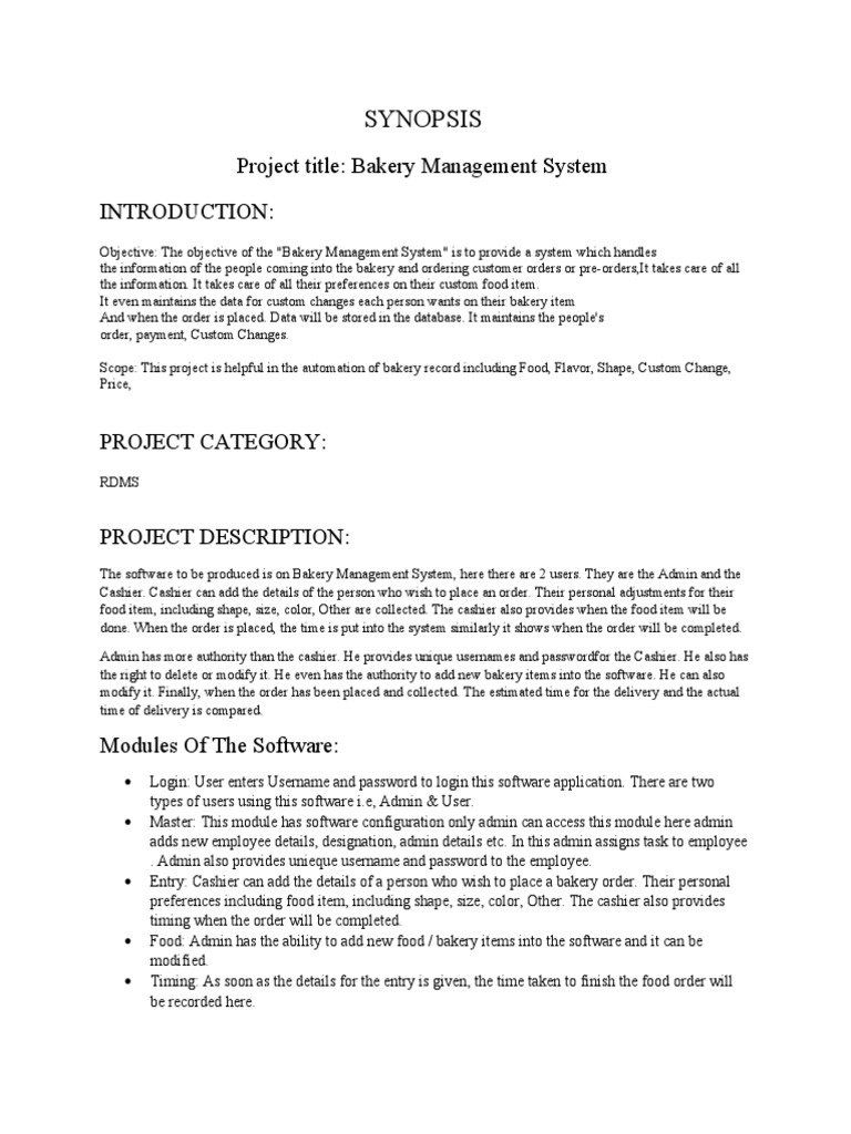 Synopsis: Project Title: Bakery Management System | PDF | Databases ...