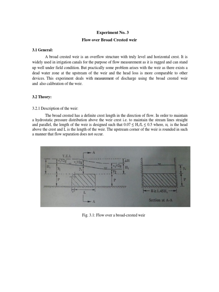 Experiment No. 3 Flow Over Broad Crested Weir: 3.1 General | PDF | Fluid Dynamics | Discharge ...