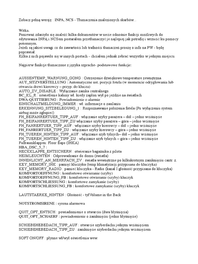 INPA NCS Expert - Funkcje Do Aktywacji BMW E39, E46 | PDF