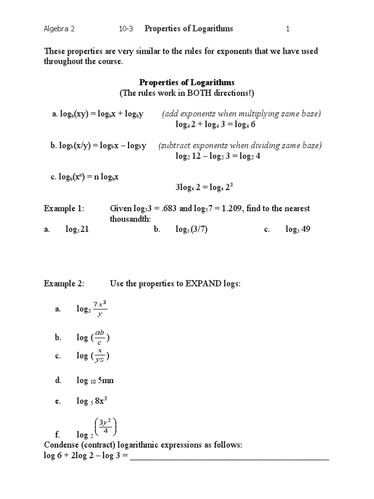 Properties of Logarithms: (Add Exponents When Multiplying Same Base ...