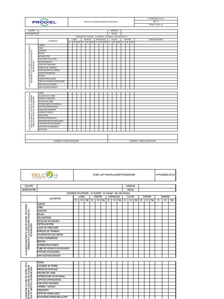 CHECK LIST MANIPULADOR TELESCOPICO Actualizado | PDF | Vehículos ...