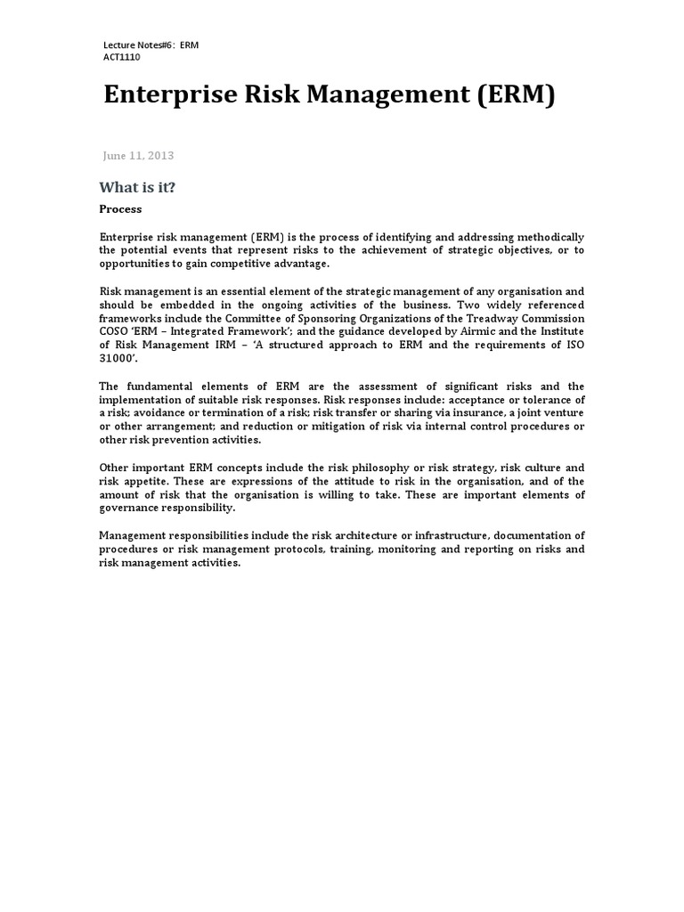 Lecture Note#6 - Enterprise Risk Management and Risk Map | Download ...