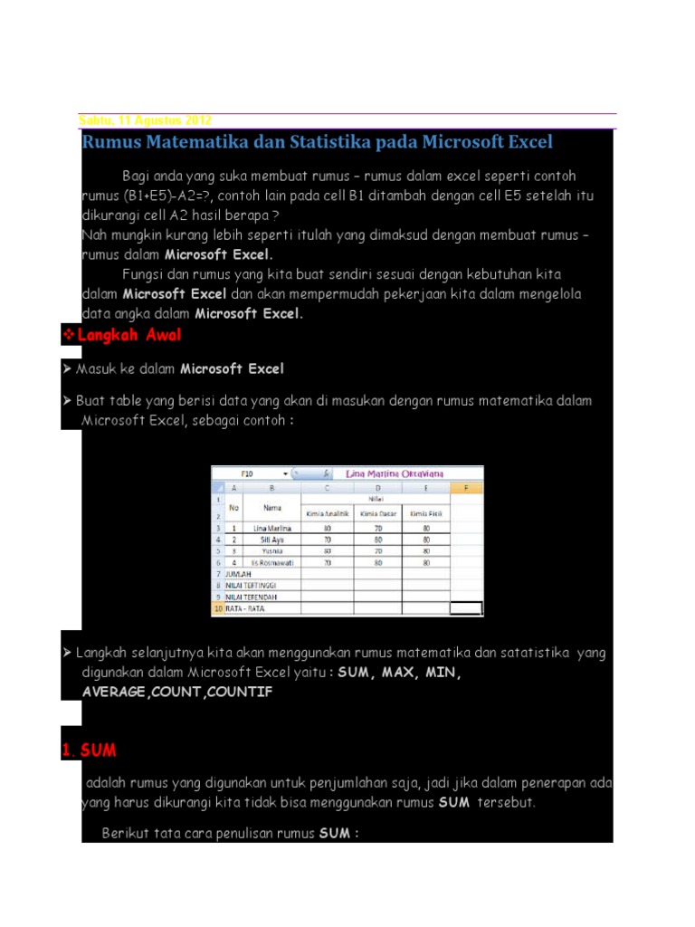 Rumus Matematika Dan Statistika Pada Microsoft Excel | PDF