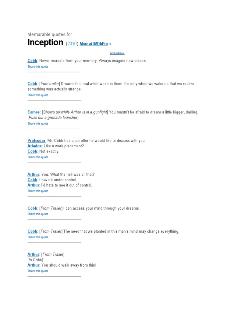 Memorable Quotes For Inception | PDF | Dream