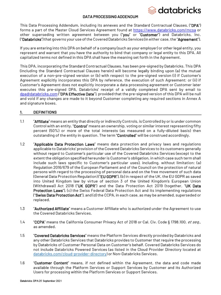Databricks Data Processing Addendum 25 Sept 2021 FINAL | PDF ...
