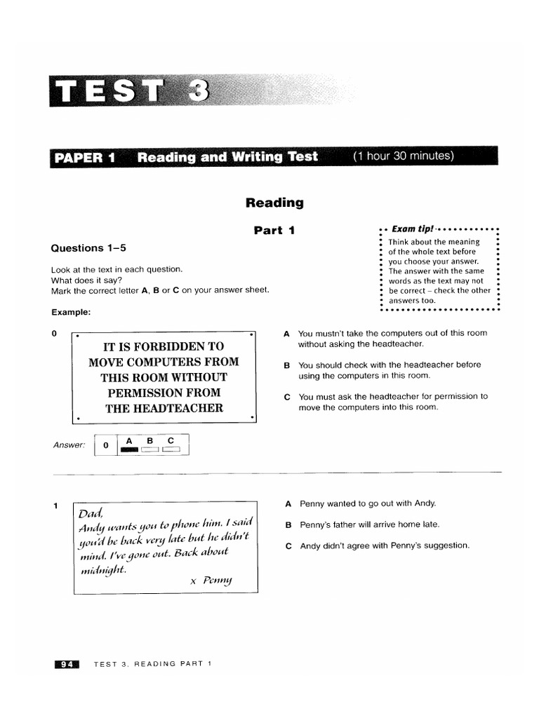 PET Practice Test Plus 1 - Test 3 | PDF | Weather | Rain