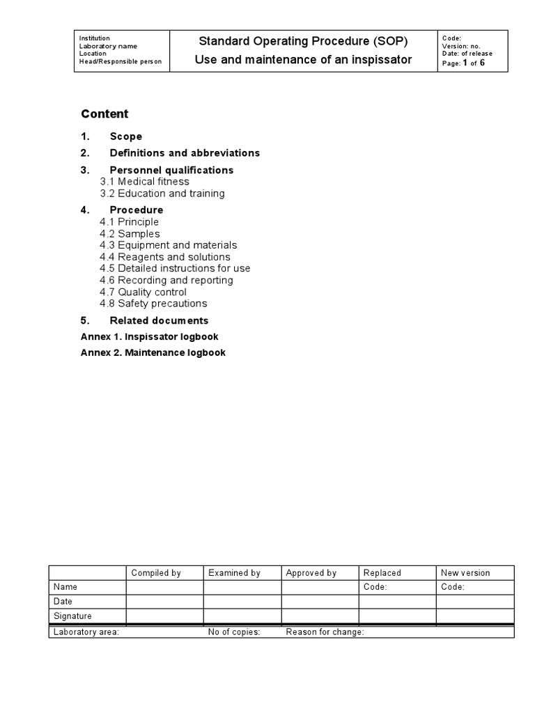 Content: Standard Operating Procedure (SOP) Use and Maintenance of An ...