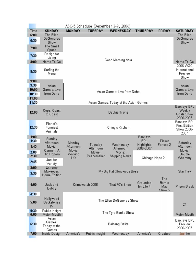 ABC-5 Weekly Schedule Overview 2006-2007 | PDF | Leisure