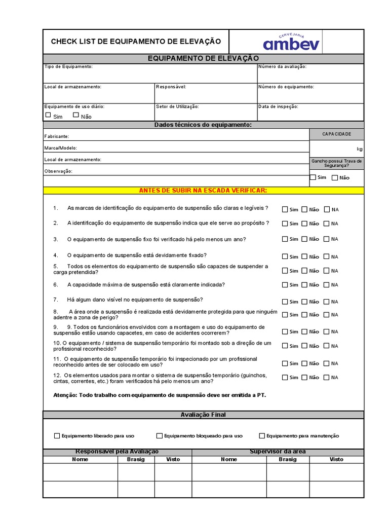 Anexo 6 - Check List de Verificacao Equipamento Elevacao | PDF
