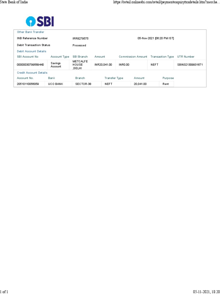 INB Reference Number IRR8279575 05-Nov-2021 (06:20 PM IST) Debit ...