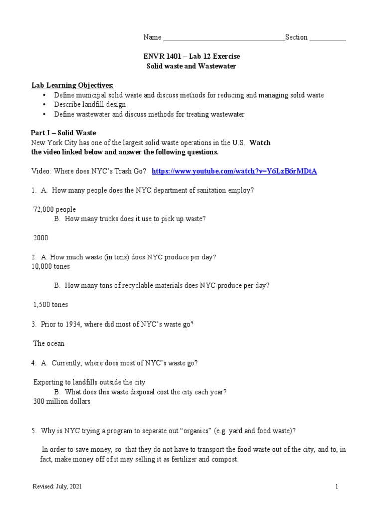 ENVR 1401 - Lab 12 Exercise Solid Waste and Wastewater Lab Learning ...