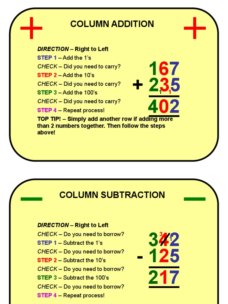 Column Addition and Subtraction Steps | PDF | Subtraction | Algorithms