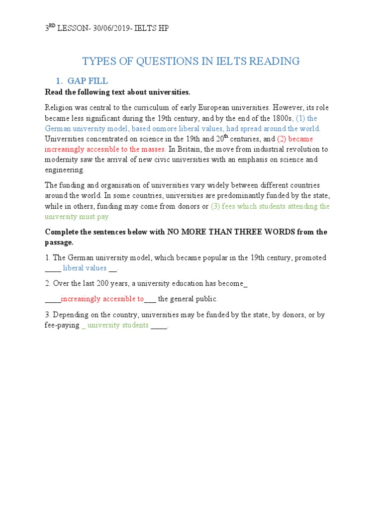 Types of Questions in Ielts Reading | PDF | University | Genius