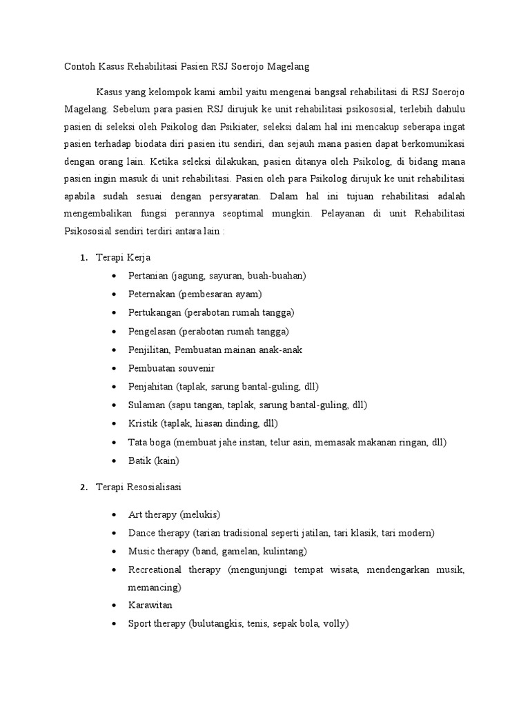 Contoh Kasus Rehabilitasi Pasien RSJ Soerojo Magelang | PDF