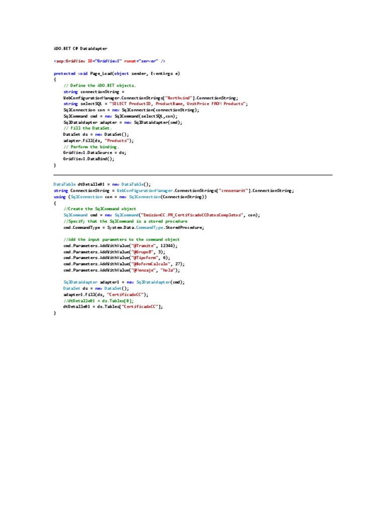 C# DataAdapter - SelectCommand With Parameters | PDF