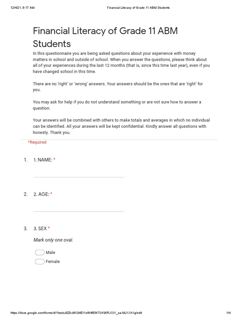 Financial Literacy Survey for ABM Students | PDF | Financial Literacy ...
