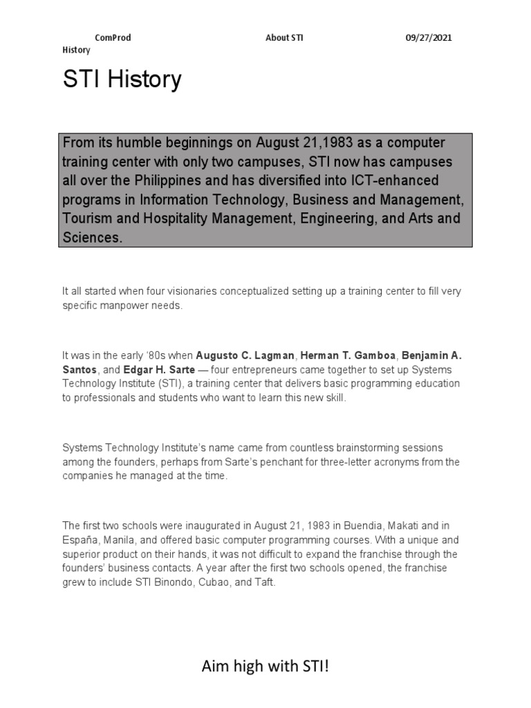 STI History: Aim High With STI! | PDF | Economies | Business