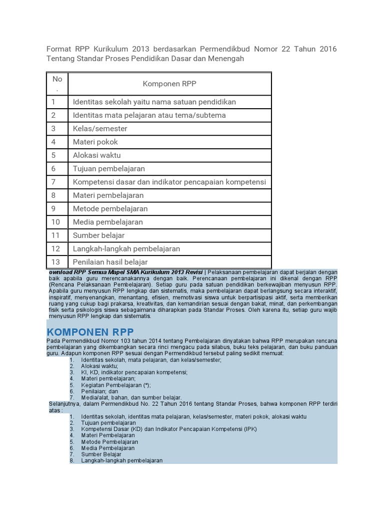 Format RPP Kurikulum 2013 Berdasarkan Permendikbud Nomor 22 Tahun 2016 ...
