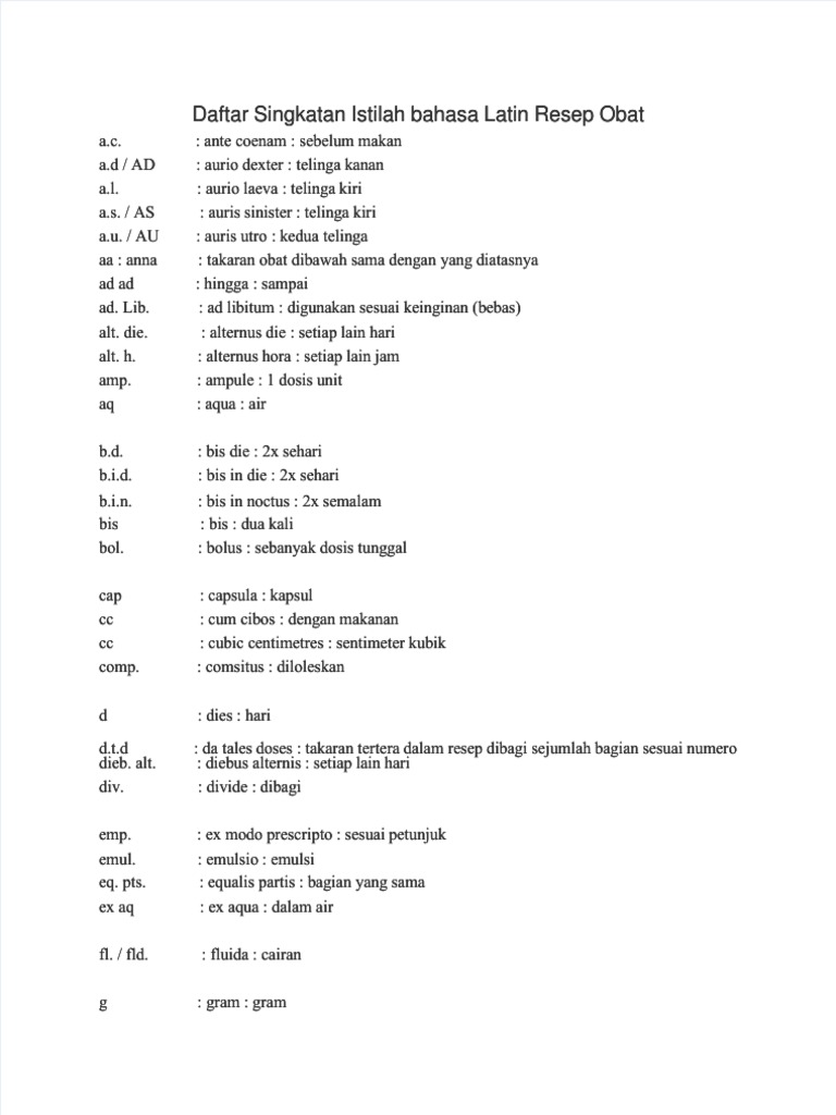 PDF Daftar Singkatan Istilah Bahasa Latin Resep Obat - Compress | PDF