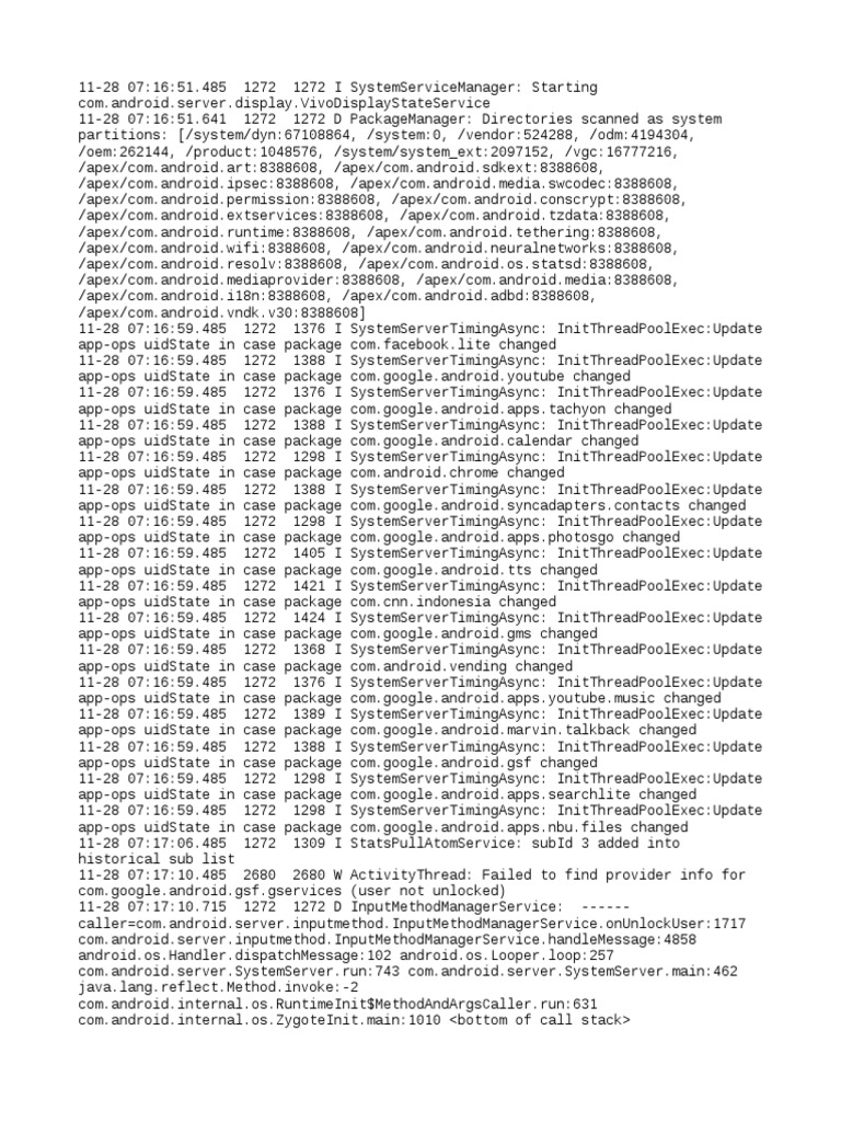 System log data capturing startup processes and sensor readings on a Vivo smartphone | PDF ...