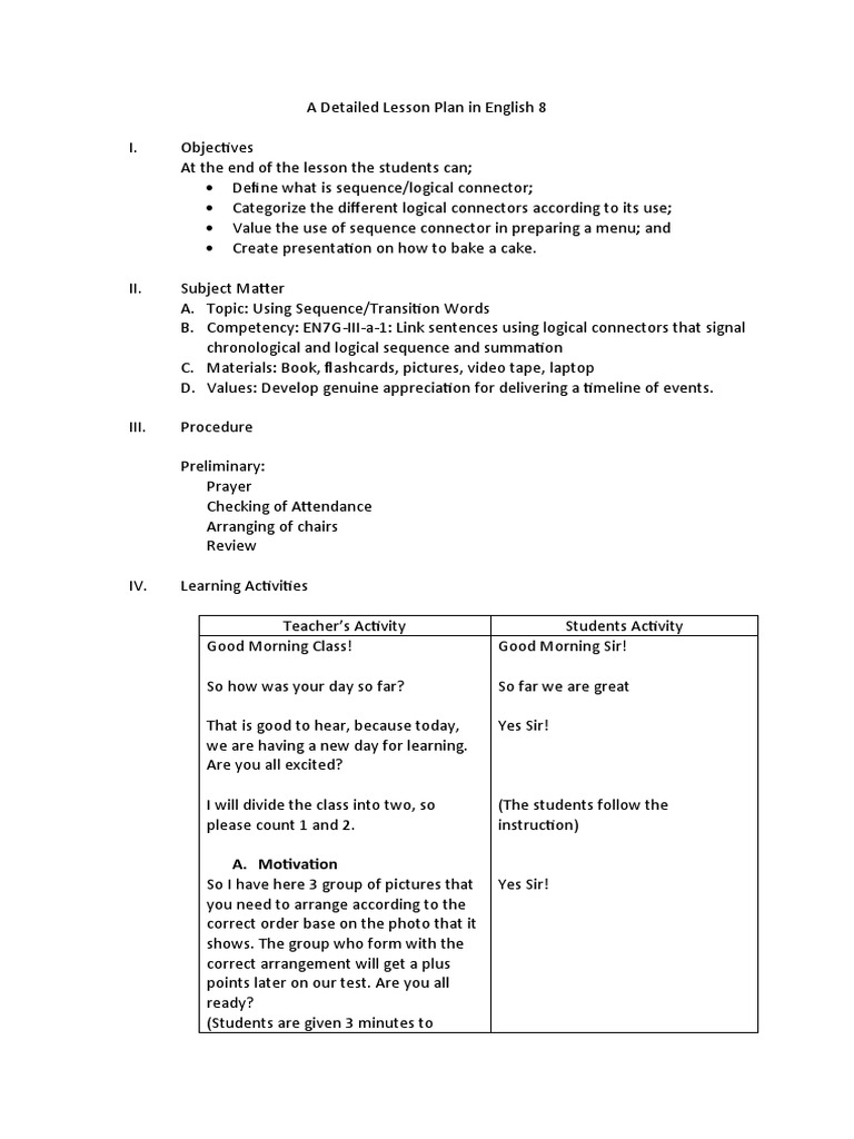 A Detailed Lesson Plan in English 7 | PDF | Cakes | Lesson Plan