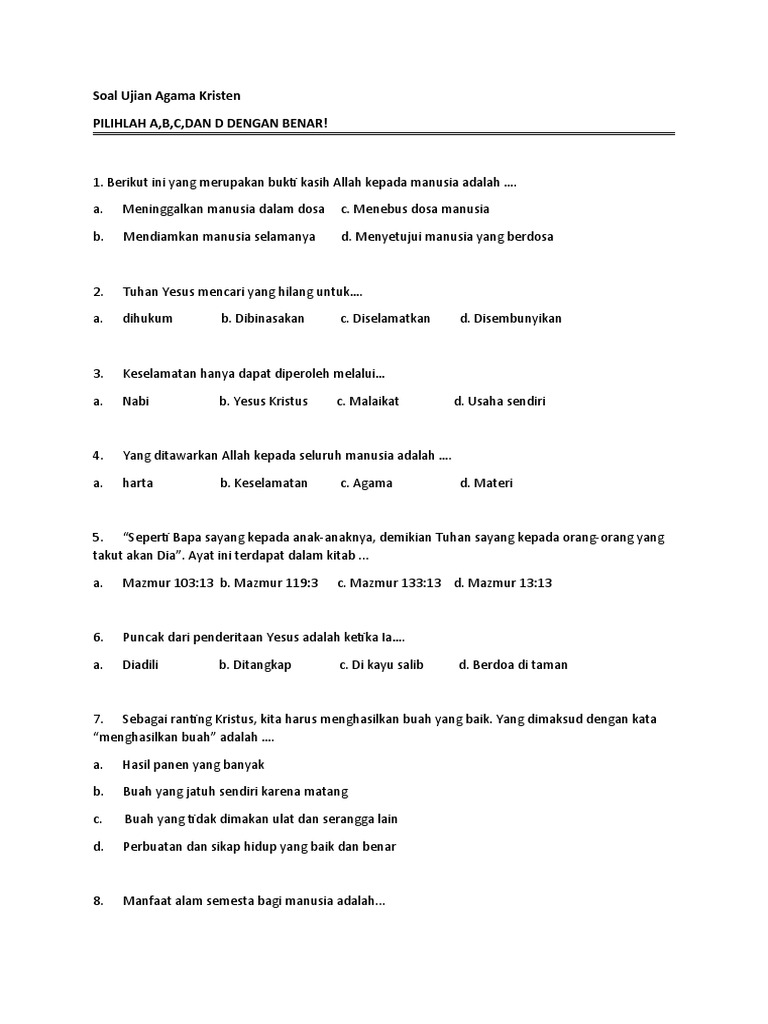 Soal Ujian Agama Kristen Lengkap | PDF