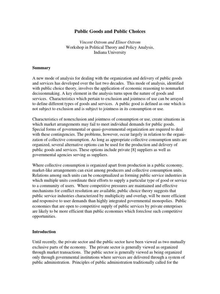 Public Goods and Public Choices: Vincent Ostrom and Elinor Ostrom | PDF ...