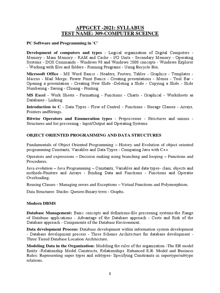 Appgcet - 2021: Syllabus Test Name: 309-Computer Sceince | PDF ...
