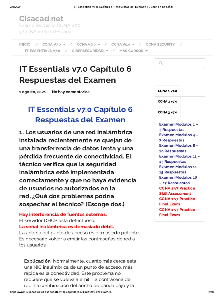 IT Essentials v7.0 Capítulo 6 Respuestas Del Examen | PDF | Dirección IP | Red de computadoras