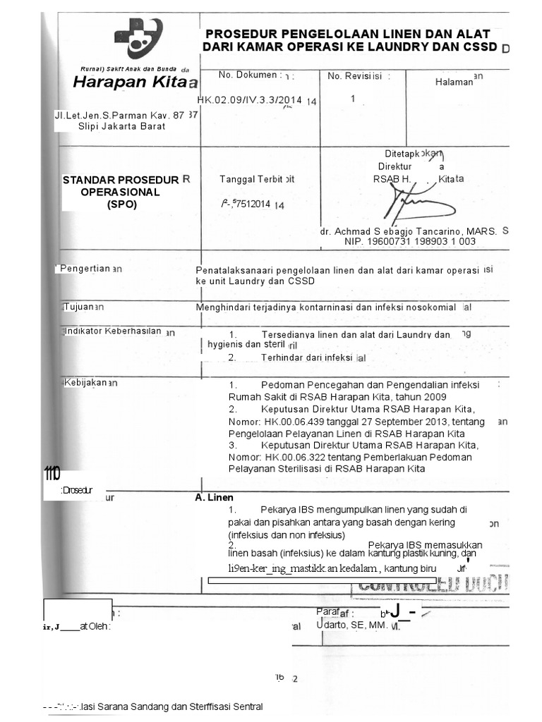 Harapan Kita: Prosedur Pengelolaan Linen Dan Alat Dari Kamar Operasi Ke Laundry Dan CSSD | PDF