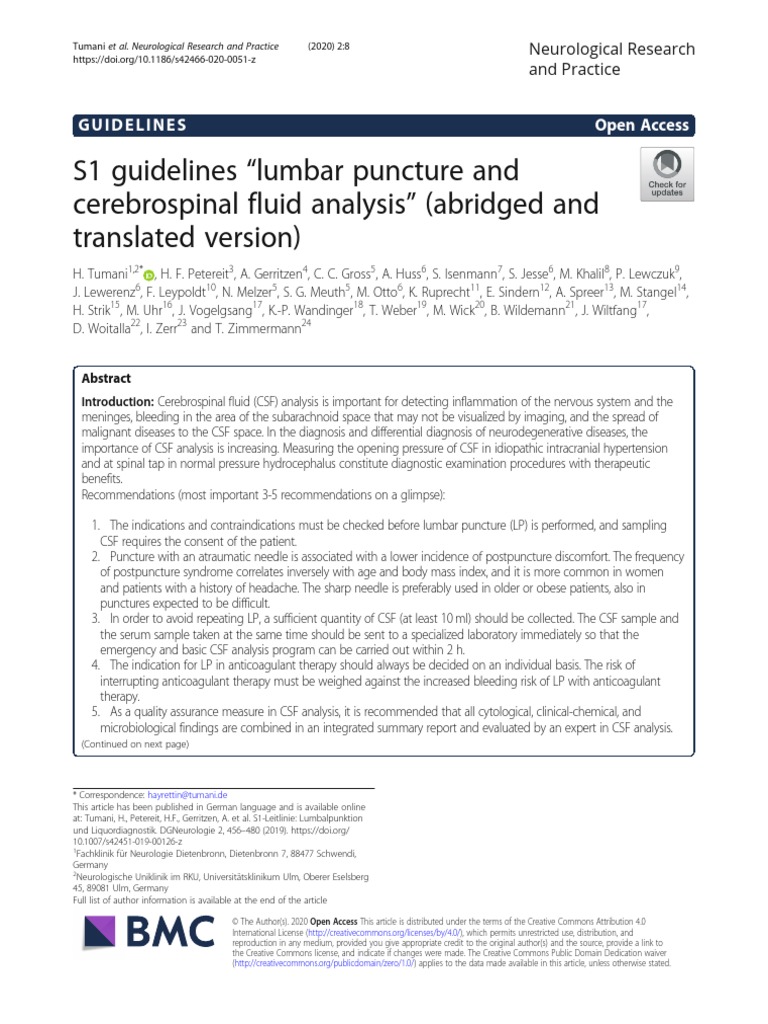 S1 Guidelines "Lumbar Puncture and Cerebrospinal Fluid Analysis" | PDF ...