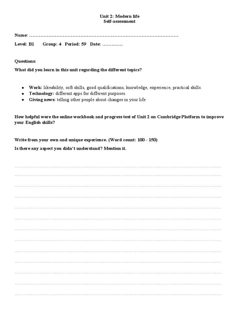 Unit 2 Modern Life Self-Assessment | PDF | Applied Psychology ...