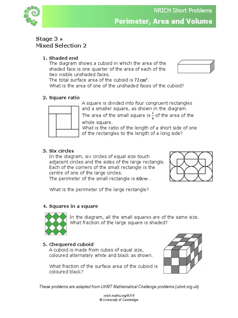 Perimeter, Area and Volume: Stage 3 Mixed Selection 2 | PDF