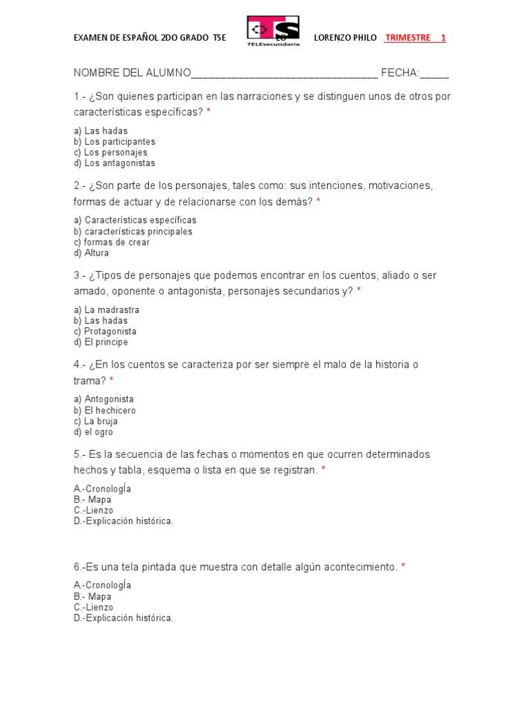 EXamen Español-2o, Grado | PDF | Libros para adolescentes | Ficción general