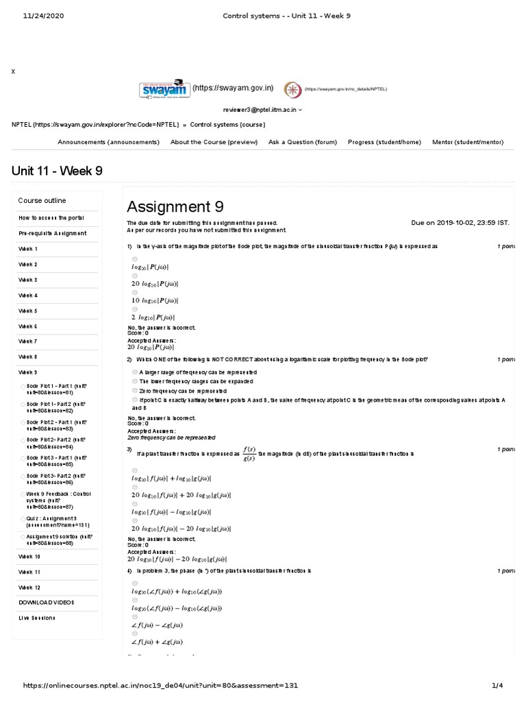 NPTEL Week 9 Control Systems Assignment | PDF | Phase (Waves) | Electrical Engineering