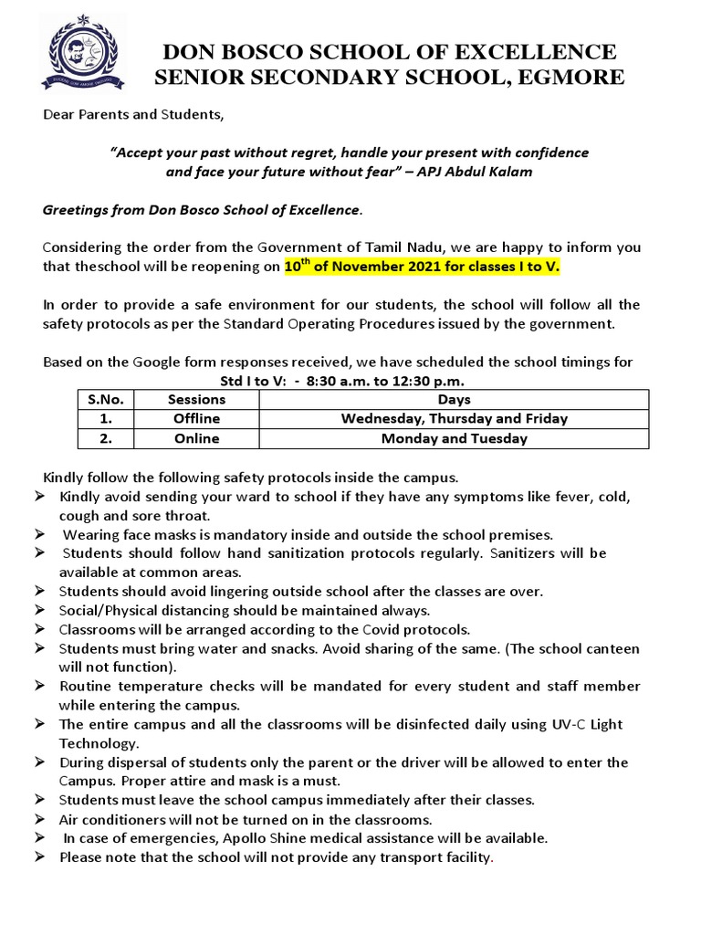 Don Bosco School Reopening Guidelines | PDF
