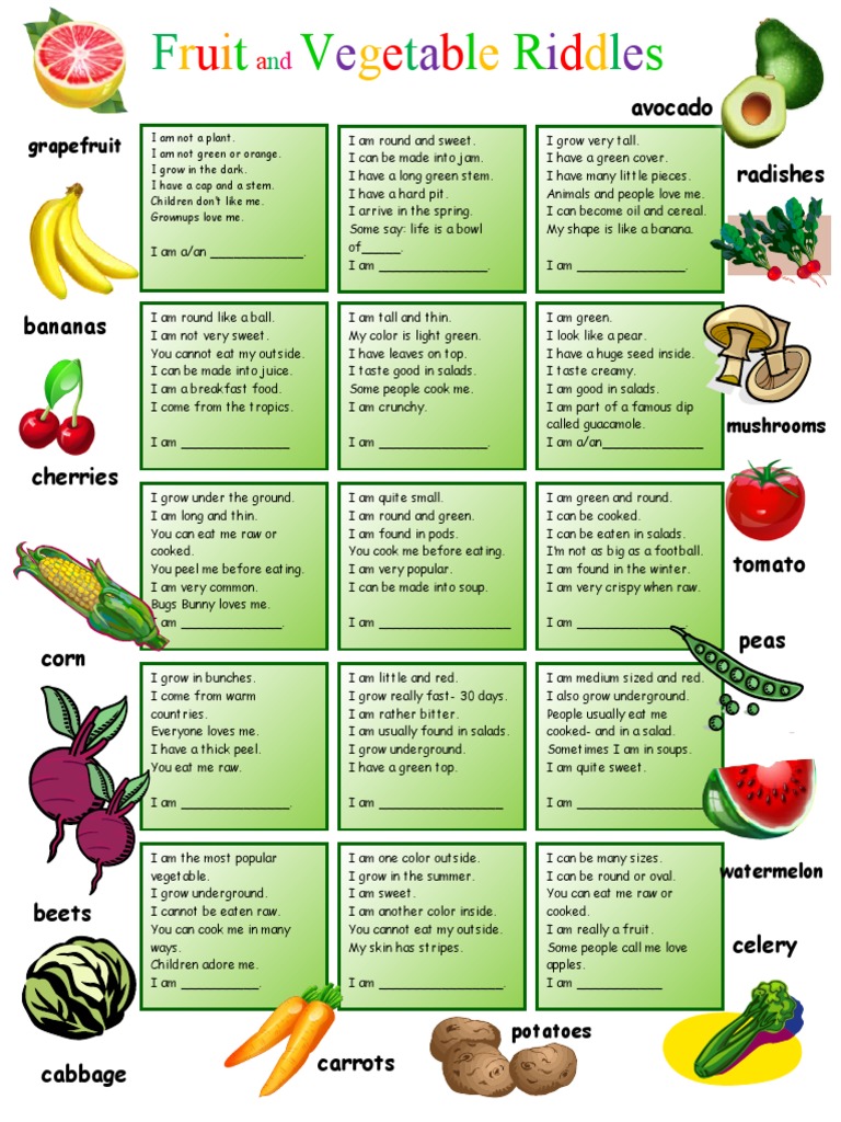 Fruit and Vegetables Riddles With Key Fun Activities Games Games ...