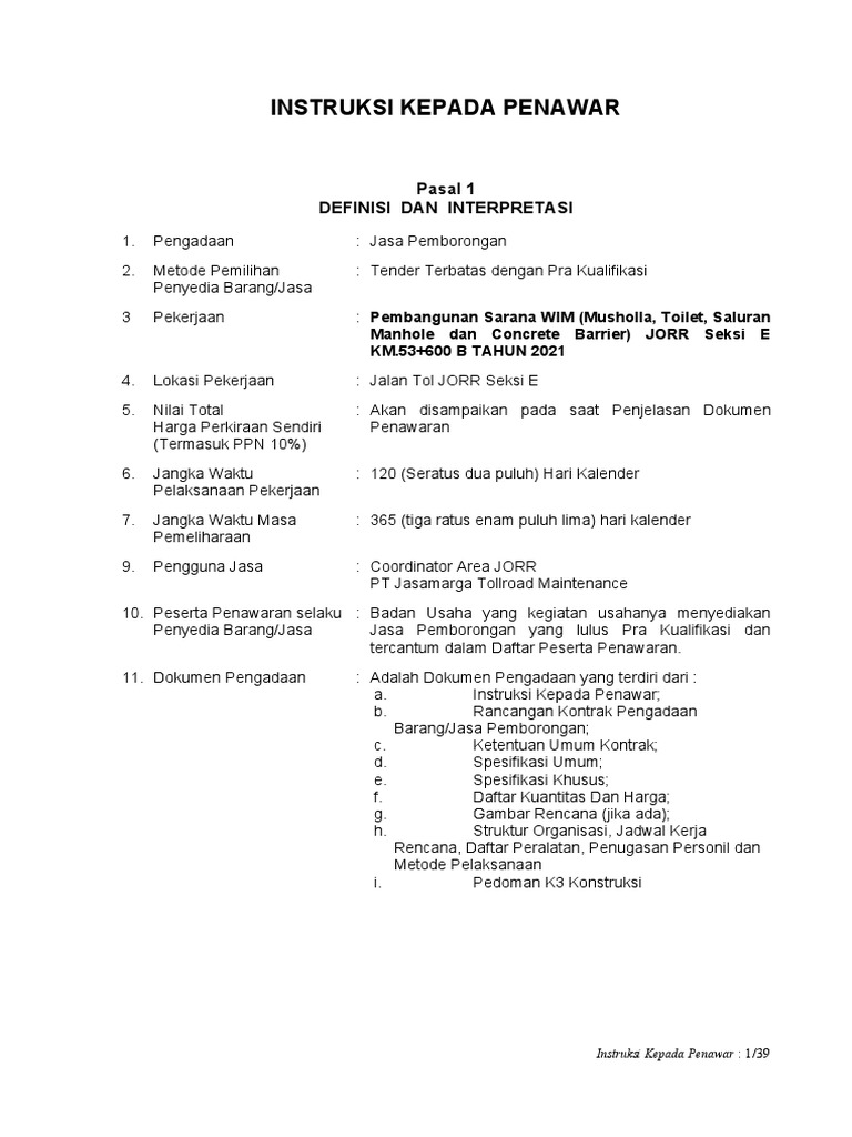 Instruksi Tender Jasa Pemborongan | PDF