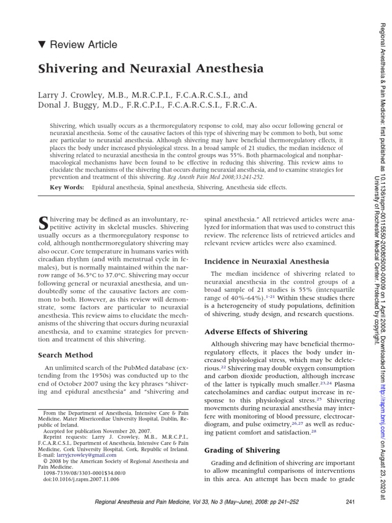 Shivering and Neuraxial Anesthesia | PDF | Anesthesia | Thermoregulation