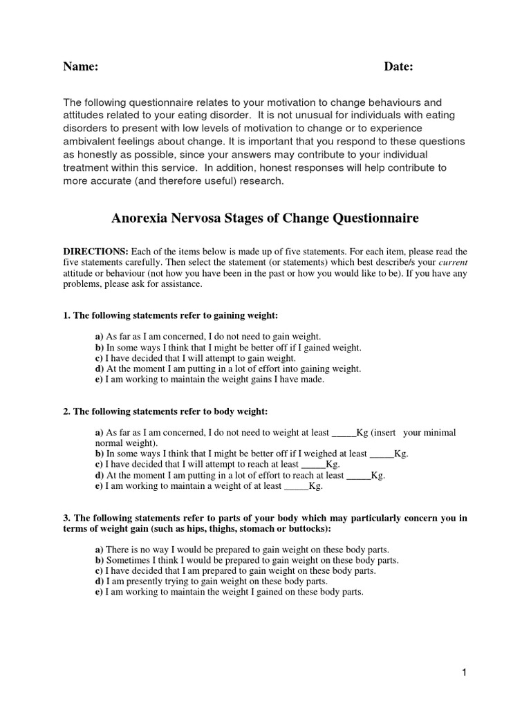 Anorexia Nervosa Stages of Change Questionnaire ANSOCQ | PDF | Foods ...
