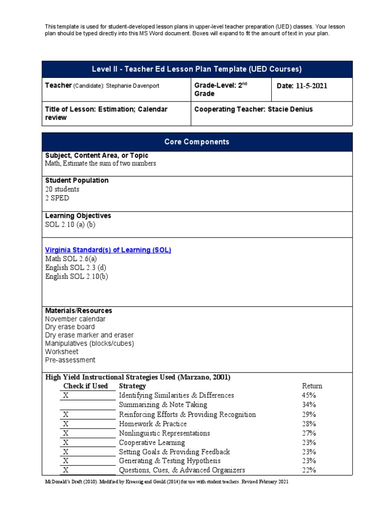 Lesson Plan Student Teaching Estimation 2ndgrade | PDF | Lesson Plan ...