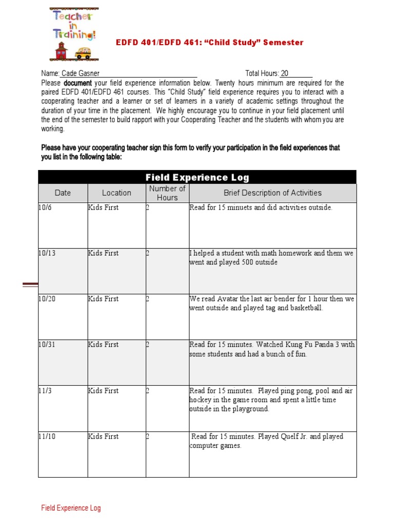 Field Experience Log - Edfd 401 - Edfd 461 | PDF | Communication | Pedagogy