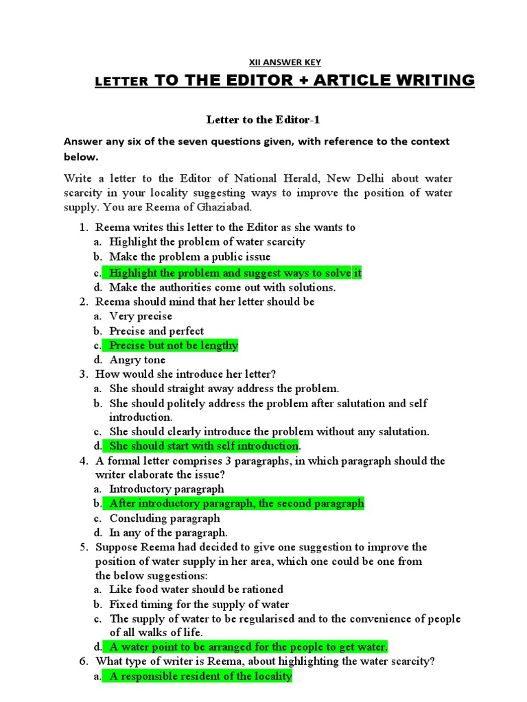 XII ANSWER KEY - LETTER TO THE EDITOR+ ARTICLE WRITING - MCQs | PDF ...