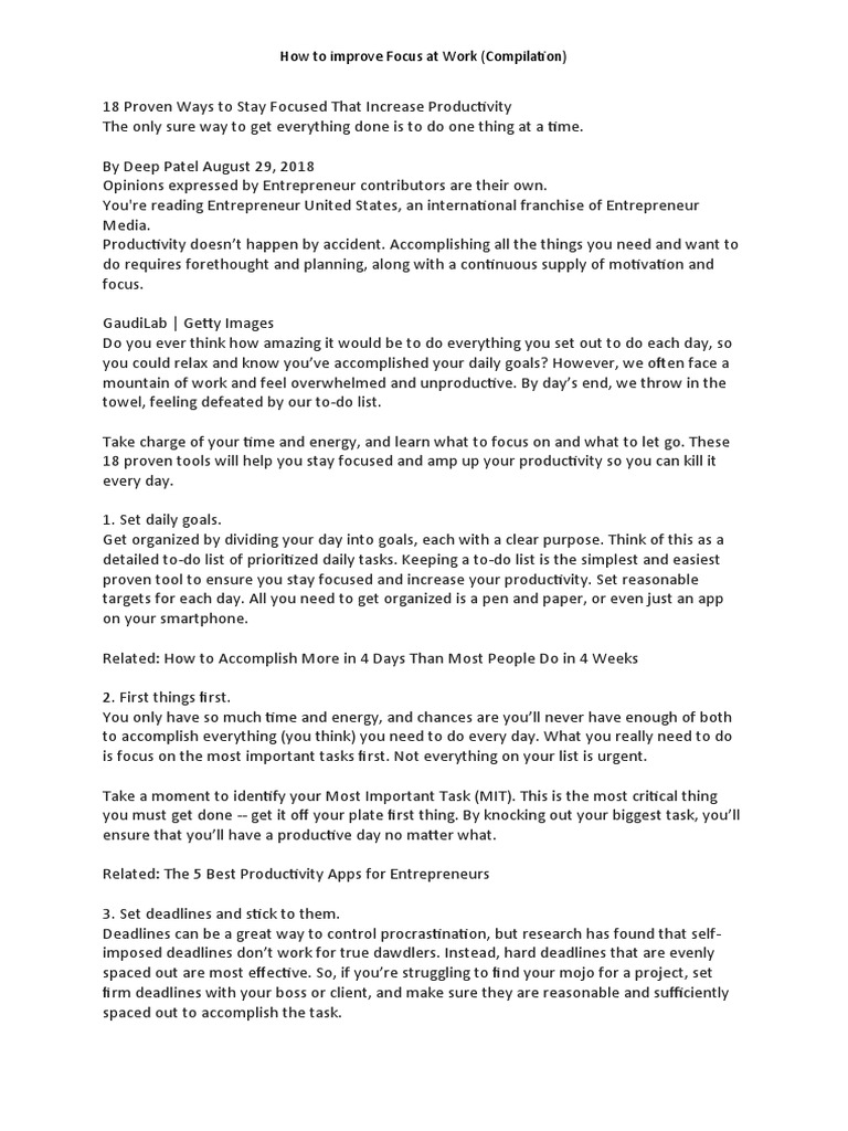 Improving Focus at Work | PDF | Professional Skills | Procrastination