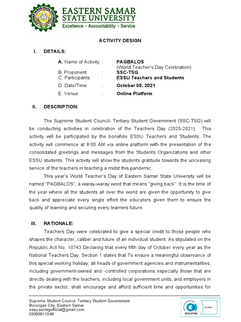 Teachers Day - Activity Design | PDF | Teachers