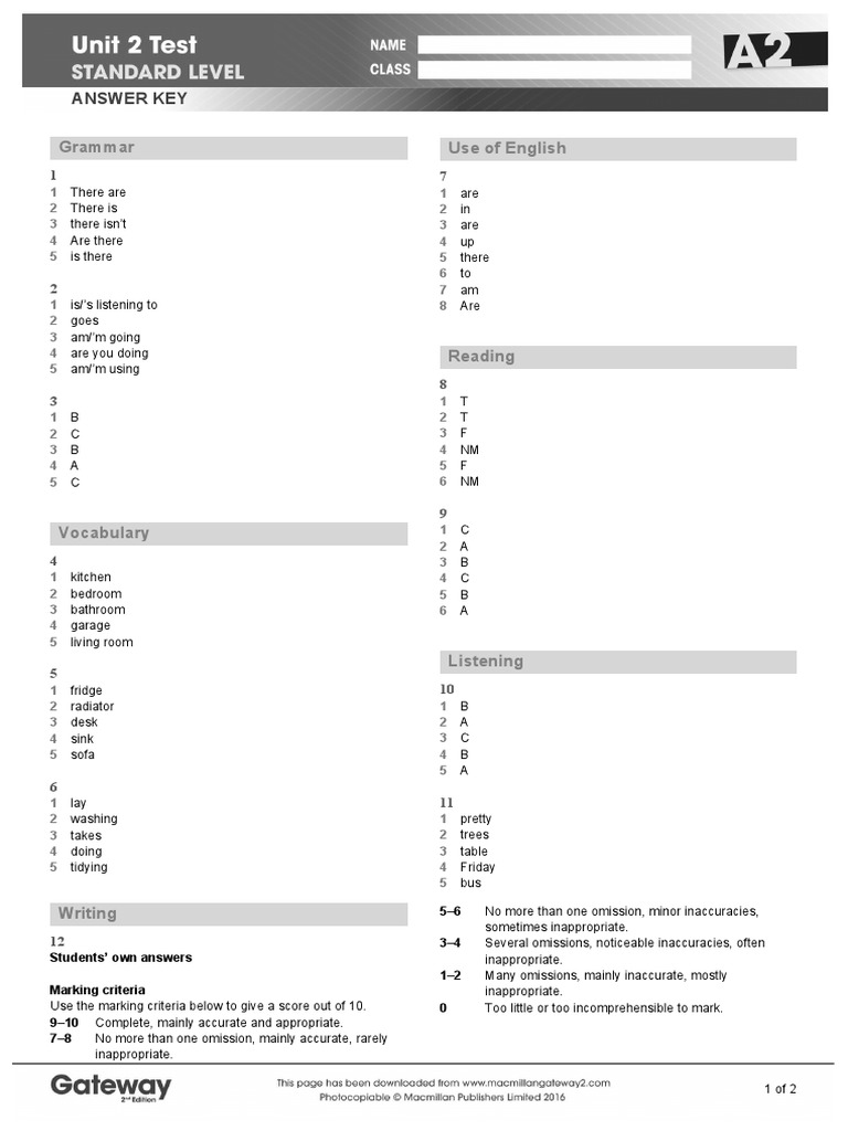 A2 UNIT 2 Test Answer Key Standard | PDF | Languages | Foreign Language ...
