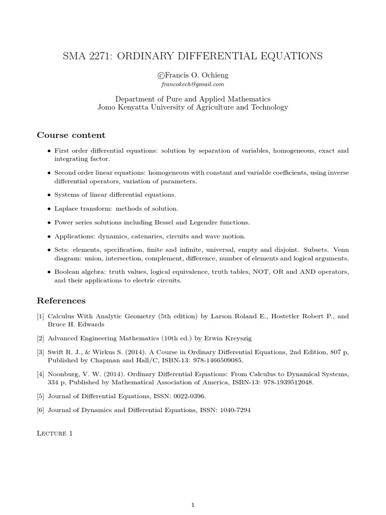 Sma 2271: Ordinary Differential Equations: Course Content | PDF ...