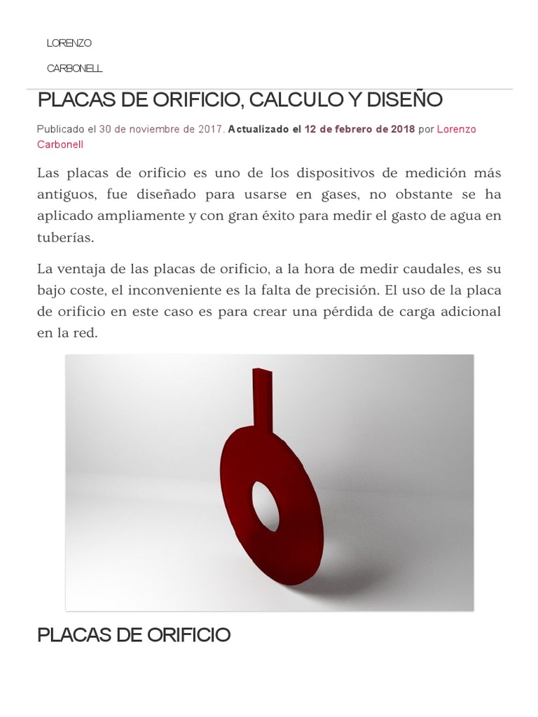 Placas de Orificio, Calculo y Diseño - Lorenzo Carbonell | PDF | Descarga (hidrología) | Presión